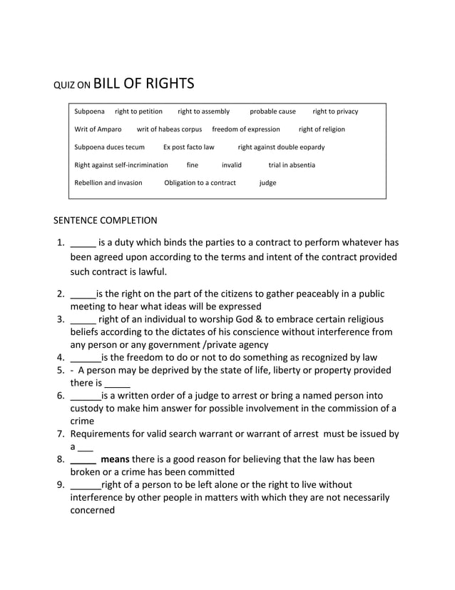 Quiz on bill of rights | DOCX | Law