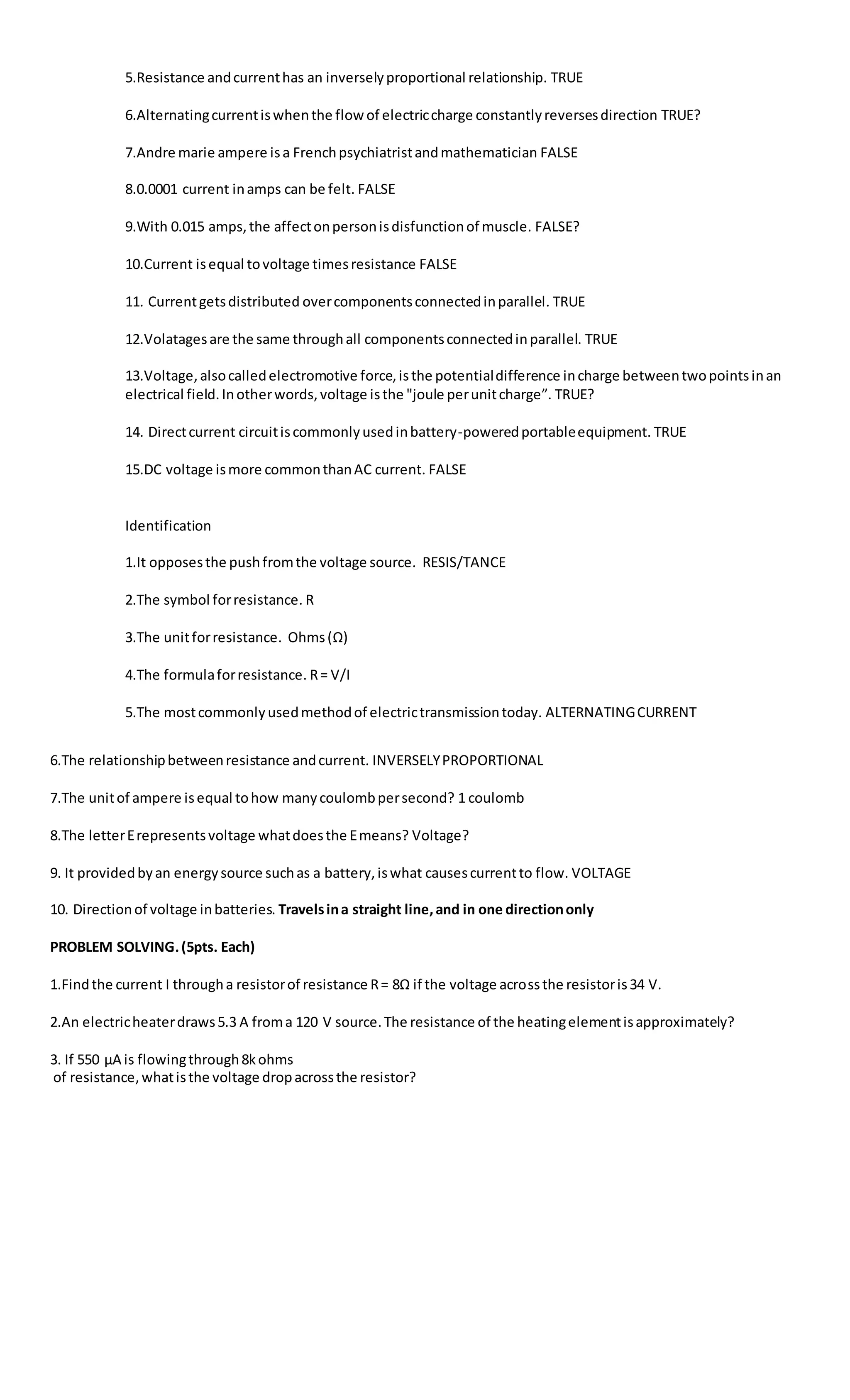 ELECTRONICS 10: CURRENT QUIZ ANSWERS | DOCX | Physics | Science