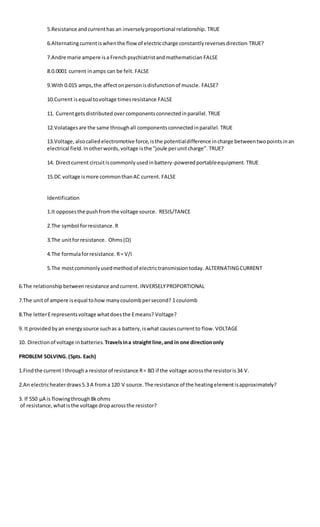 ELECTRONICS 10: CURRENT QUIZ ANSWERS | DOCX | Physics | Science