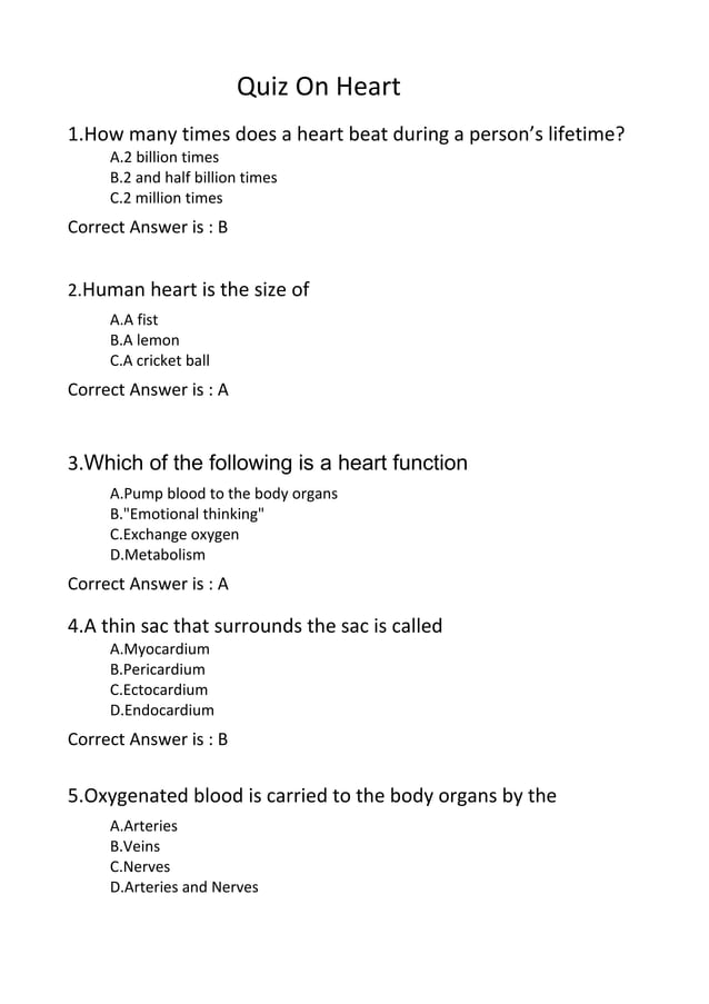 Quiz on heart | DOC | Heart and Cardiovascular Diseases | Diseases and ...