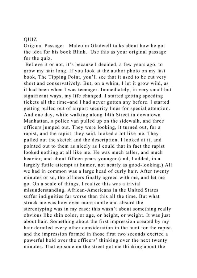 QUIZOriginal Passage Malcolm Gladwell talks about how he got .docx ...