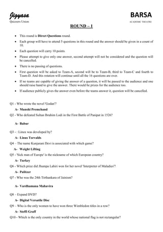 JIGYASA/BARSA Quiz questions | PDF