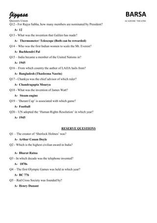 JIGYASA/BARSA Quiz questions | PDF
