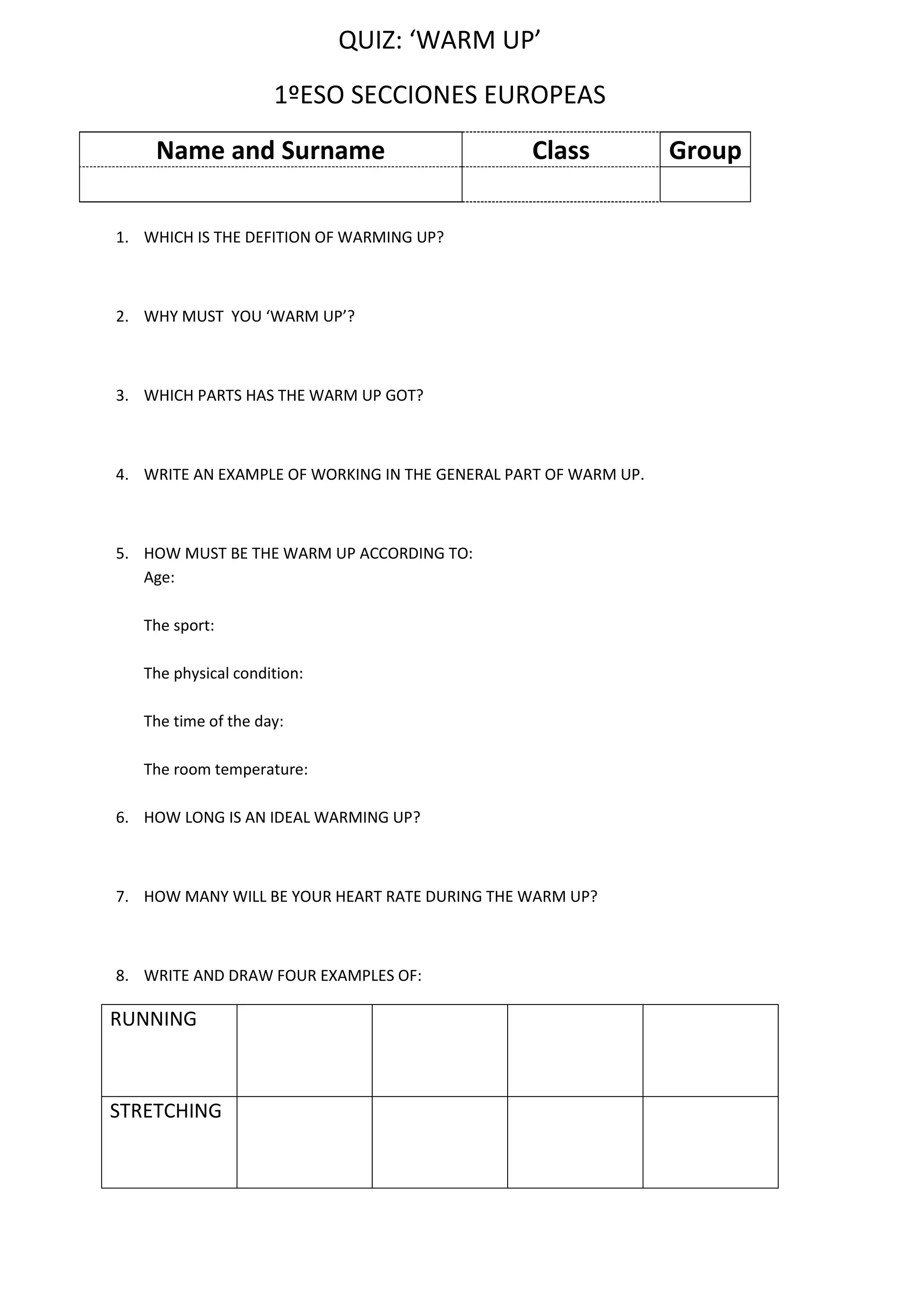 Quiz Warm Up 1º ESO Secciones Europeas | DOCX
