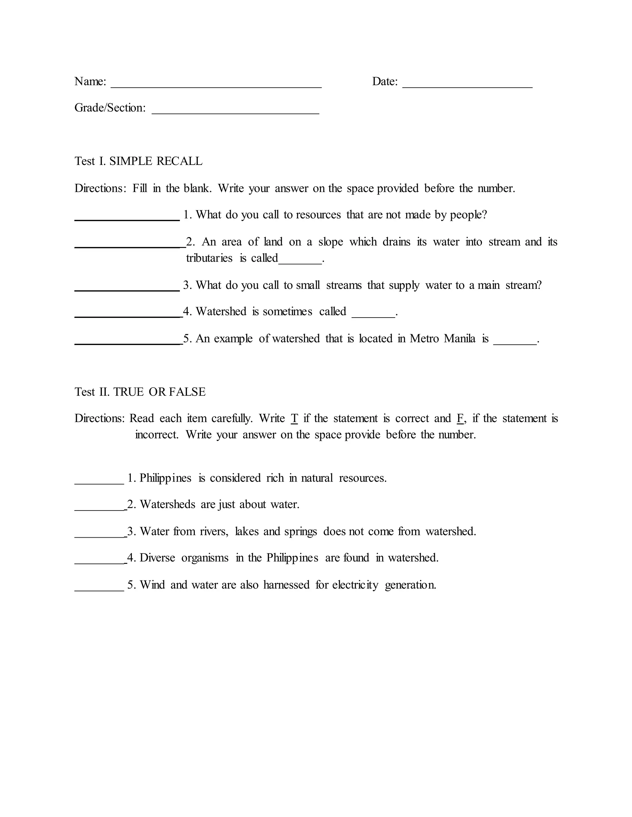 Quiz watershed assesssment | DOCX