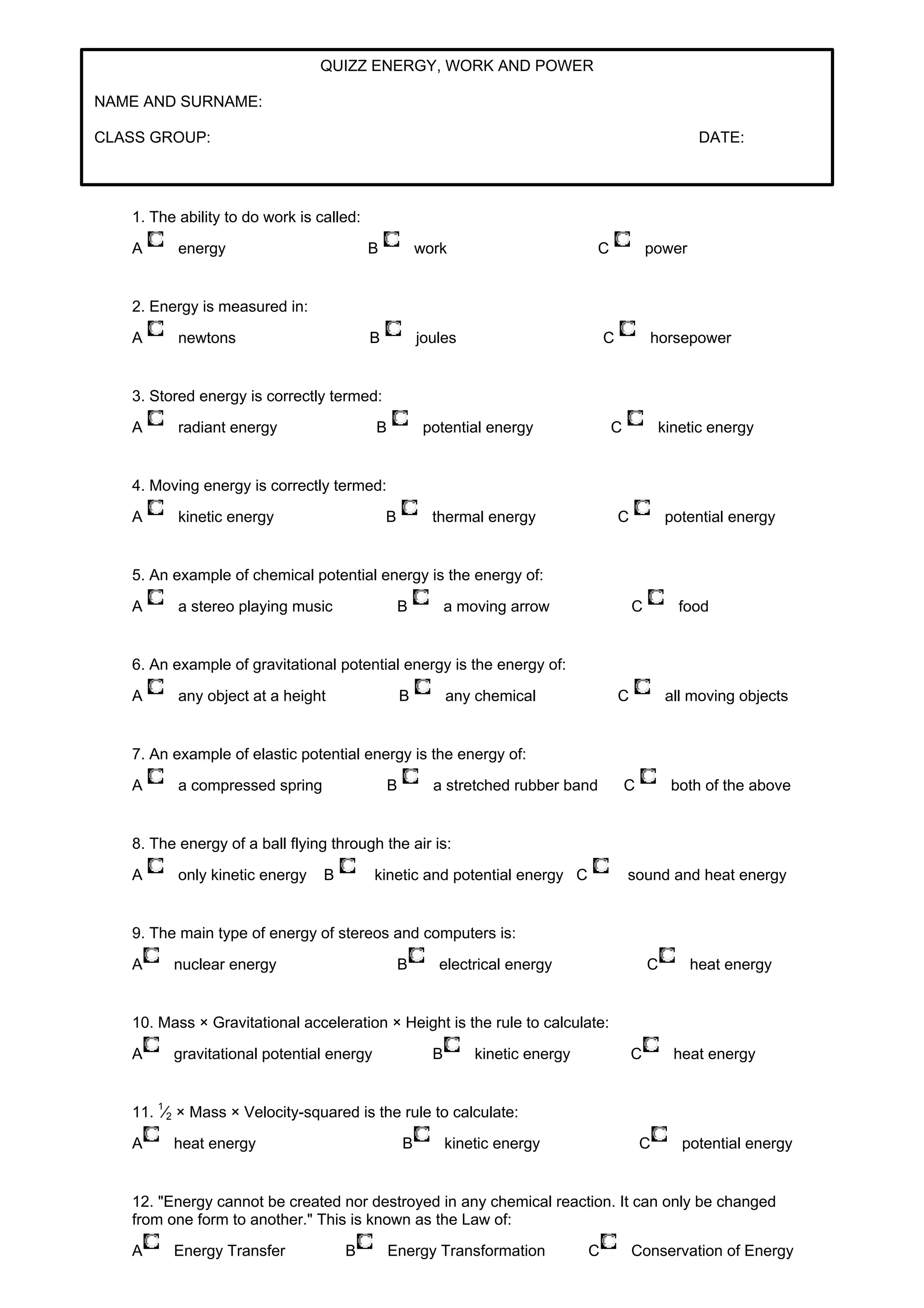 Quizz energy 4º | PDF