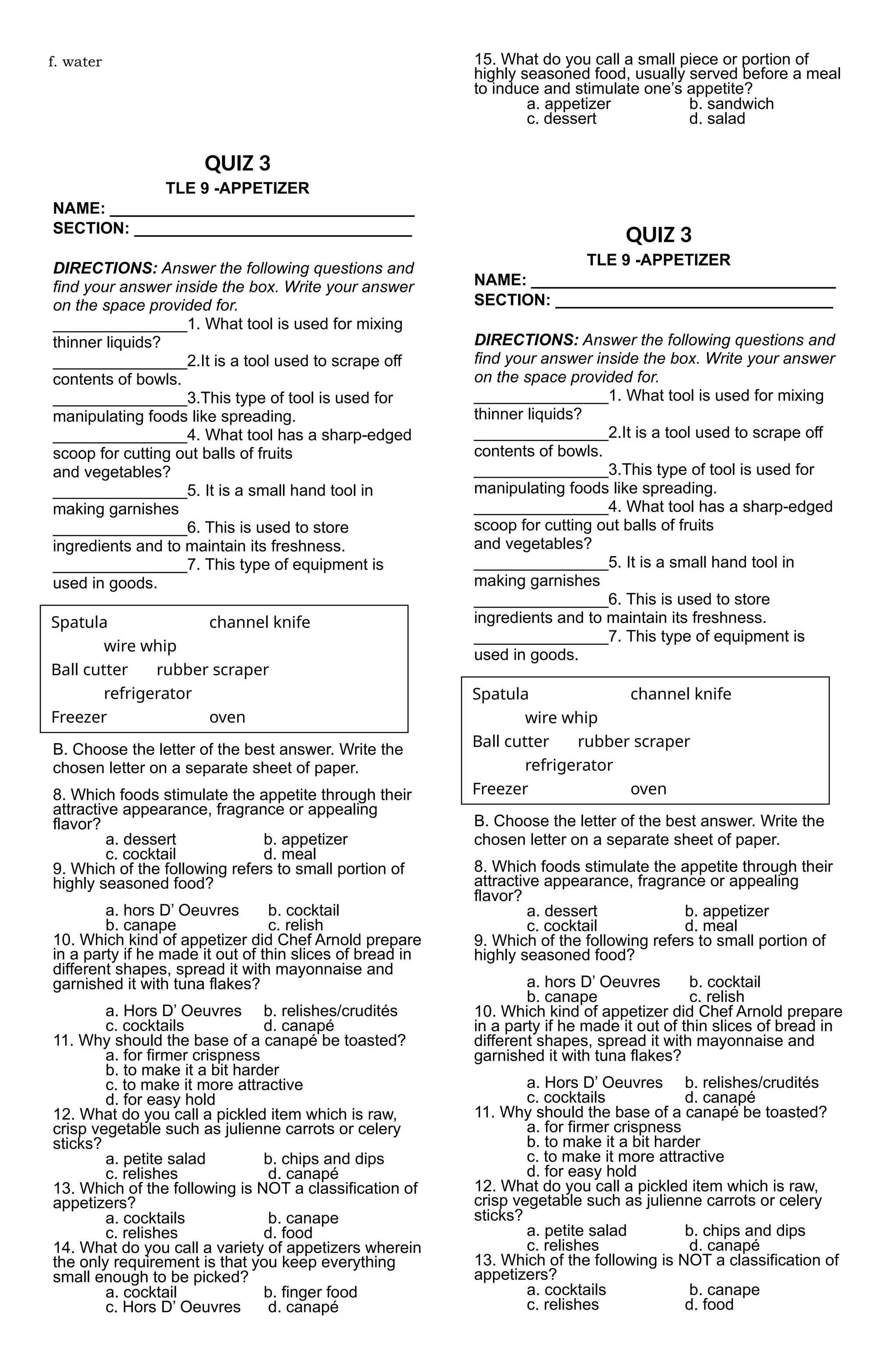 QUIZZES-TLE 9-COMPILATION OF QUIZZES FOR COOKERY 9 | DOCX