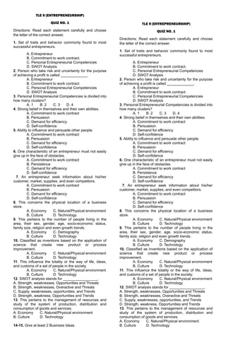 QUIZZES-TLE 9-COMPILATION OF QUIZZES FOR COOKERY 9 | DOCX