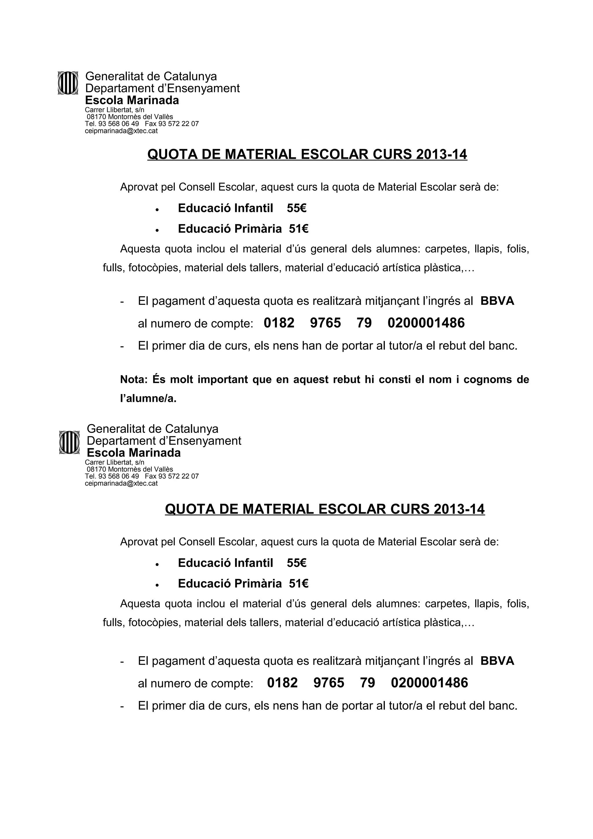 Quota de material general de p3 a 6è pels pares | PDF