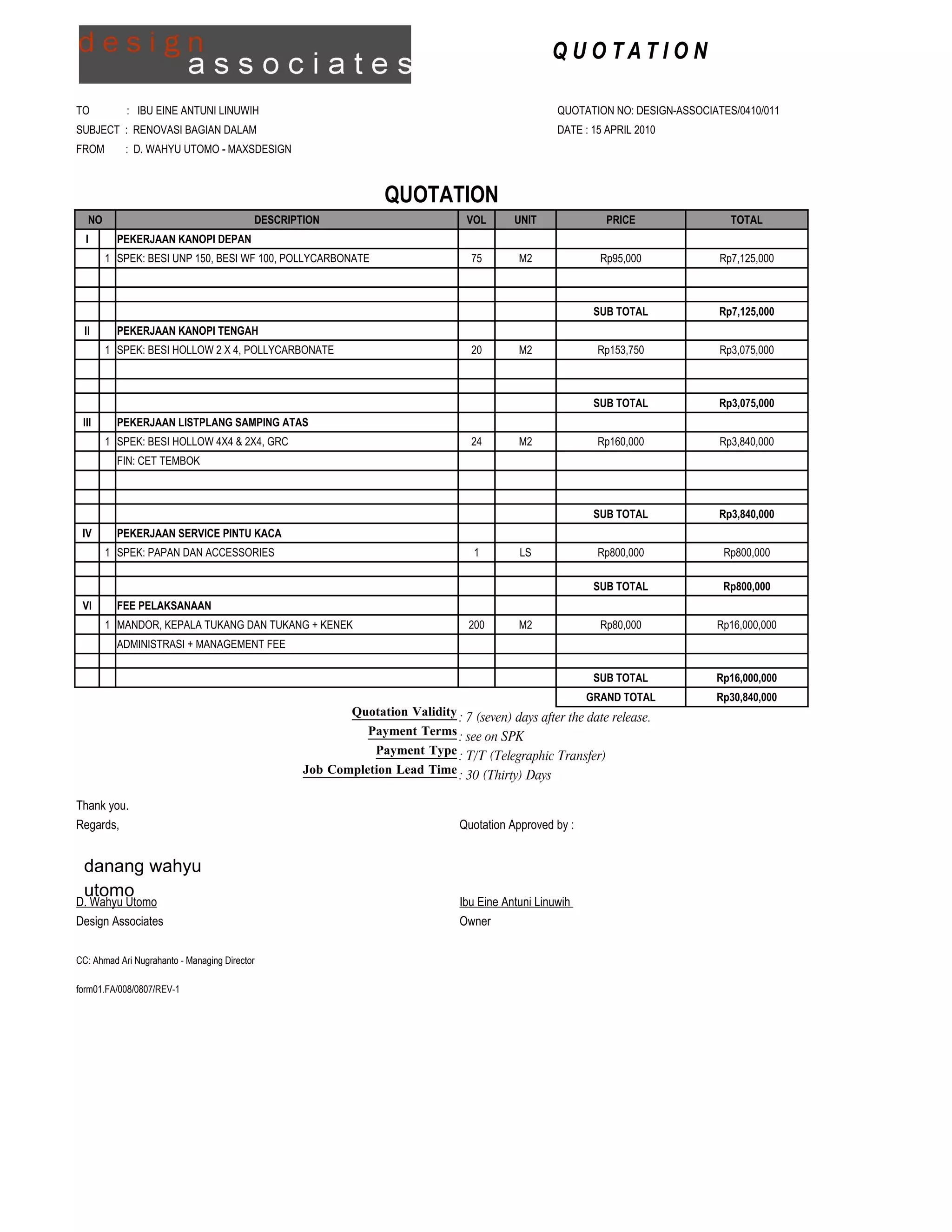 Quotation 11 ibu eine renovasi kanopi | PDF