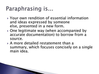 Quoting, Paraphrasing, And Summarizing | PPTX