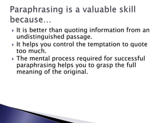 Quoting, Paraphrasing, And Summarizing | PPTX