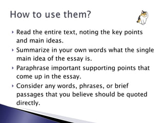Quoting, Paraphrasing, And Summarizing | PPT