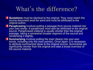 Quoting, Paraphrasing And Summarizing | PPT