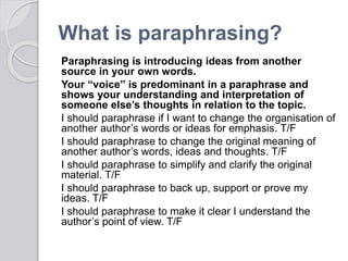 Quoting, paraphrasing and summarizing to avoid plagiarism | PPT