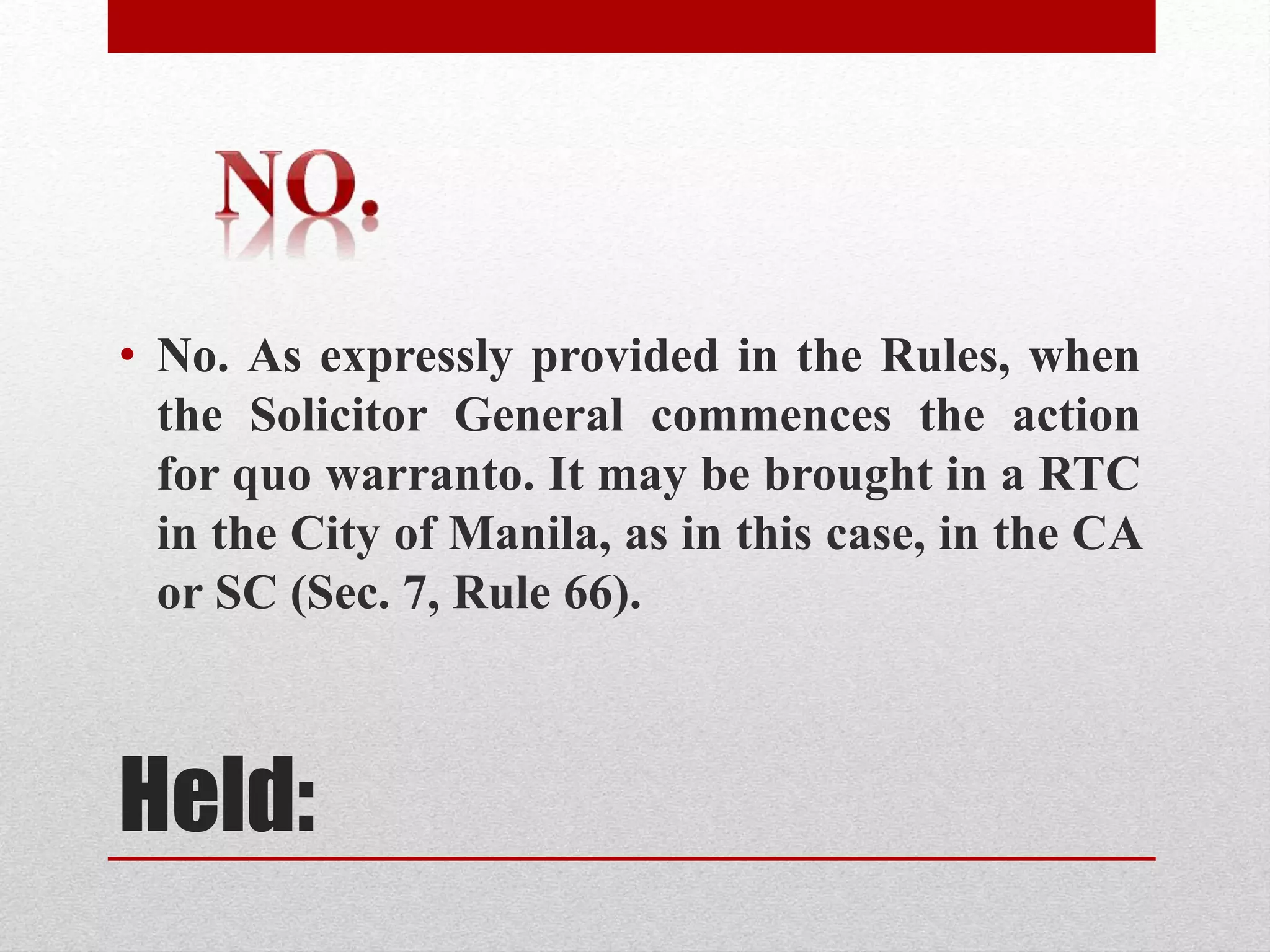Quo warranto, Rule 66 of the Philippines Rules of Court | PPTX