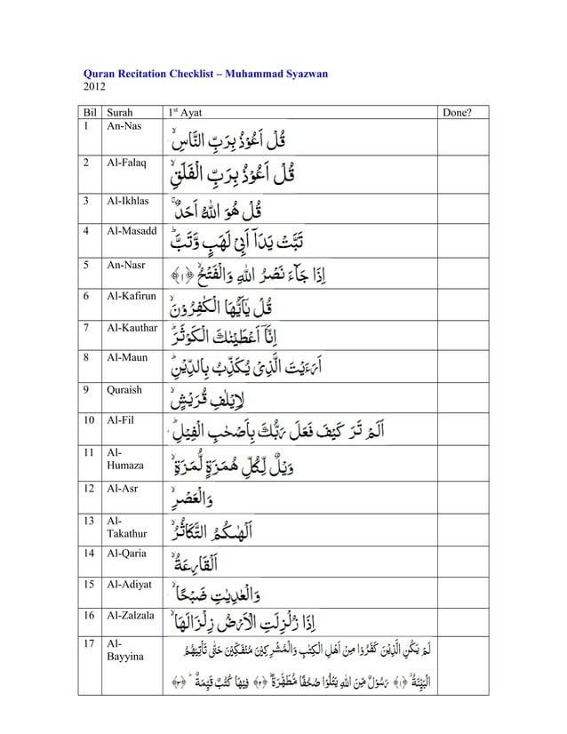 example of Quran recitation checklist | DOC