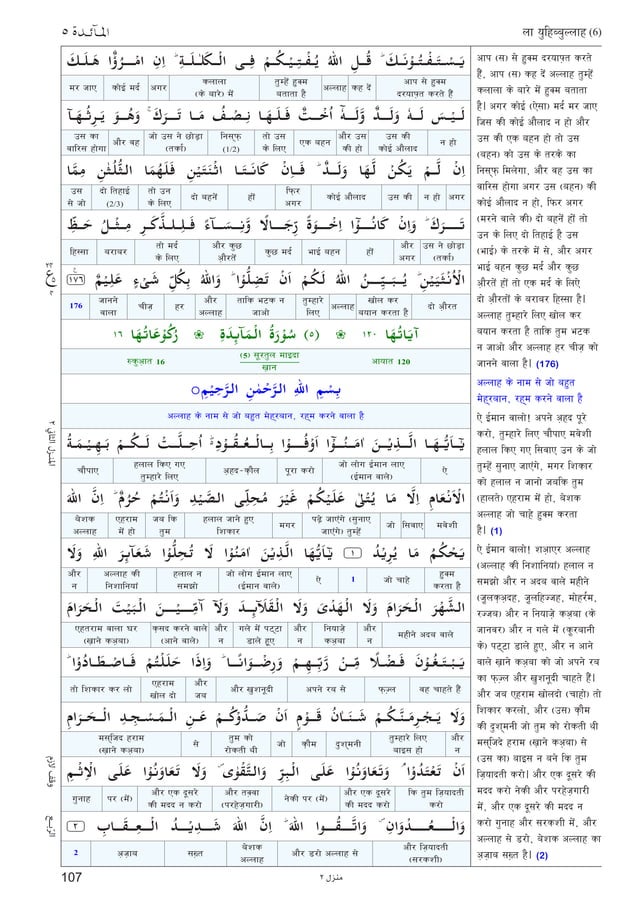 Quran Surah 5 ﴾المائدة﴿ Al-Ma'ida (अल-माइदा) Hindi Translation (हिंदी अनुवाद) | Word to Word ...