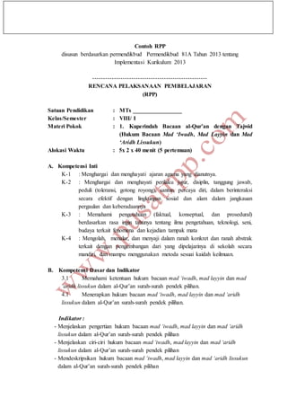 RPP alQur'an Hadis Kurikulum 2013 Kelas 8 | PDF