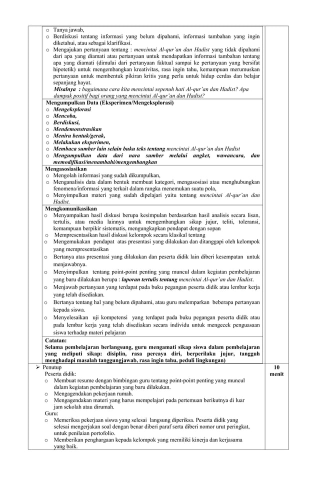 RPP MTs Quran Hadits Kelas VII | PDF