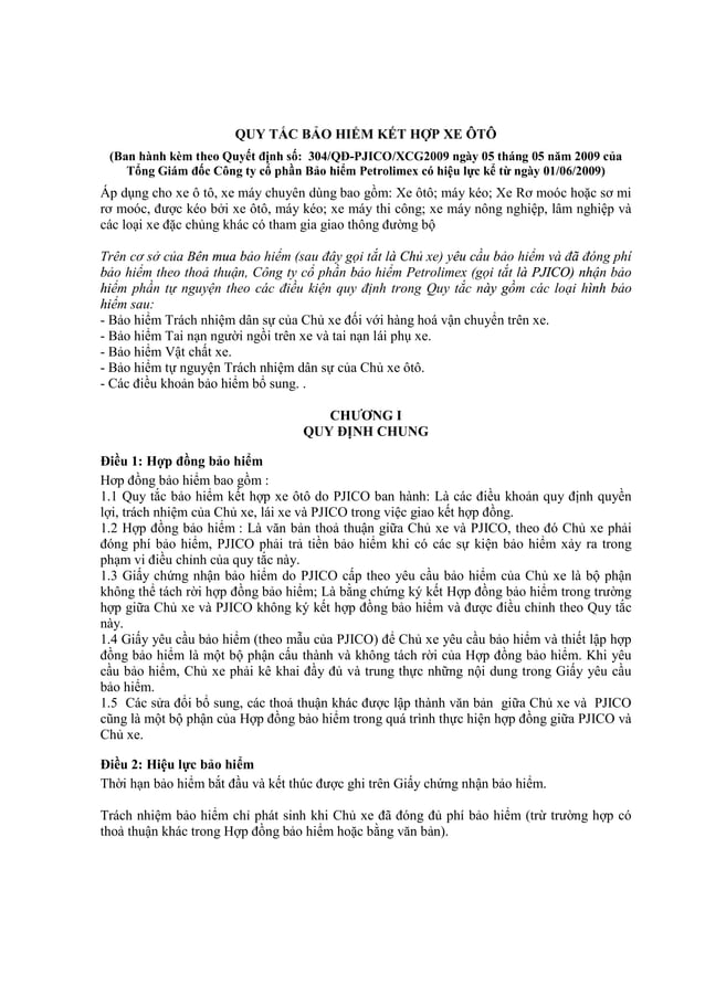Quy tắc bảo hiểm kết hợp Xe Ôtô - PJICO Gia Định | PDF