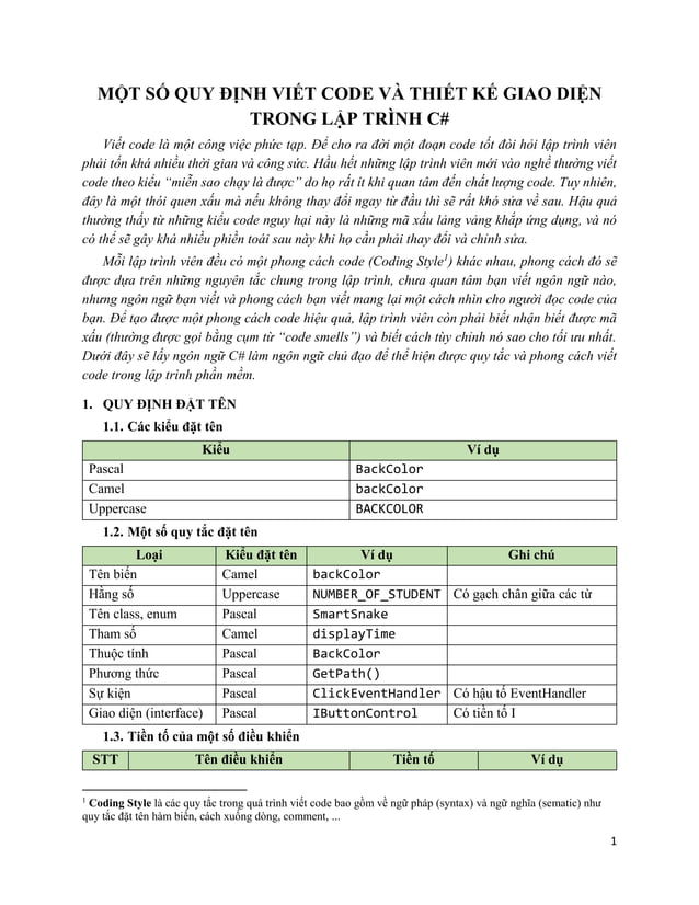 Quy tắc thiết kế giao diện và viết code C# | PDF