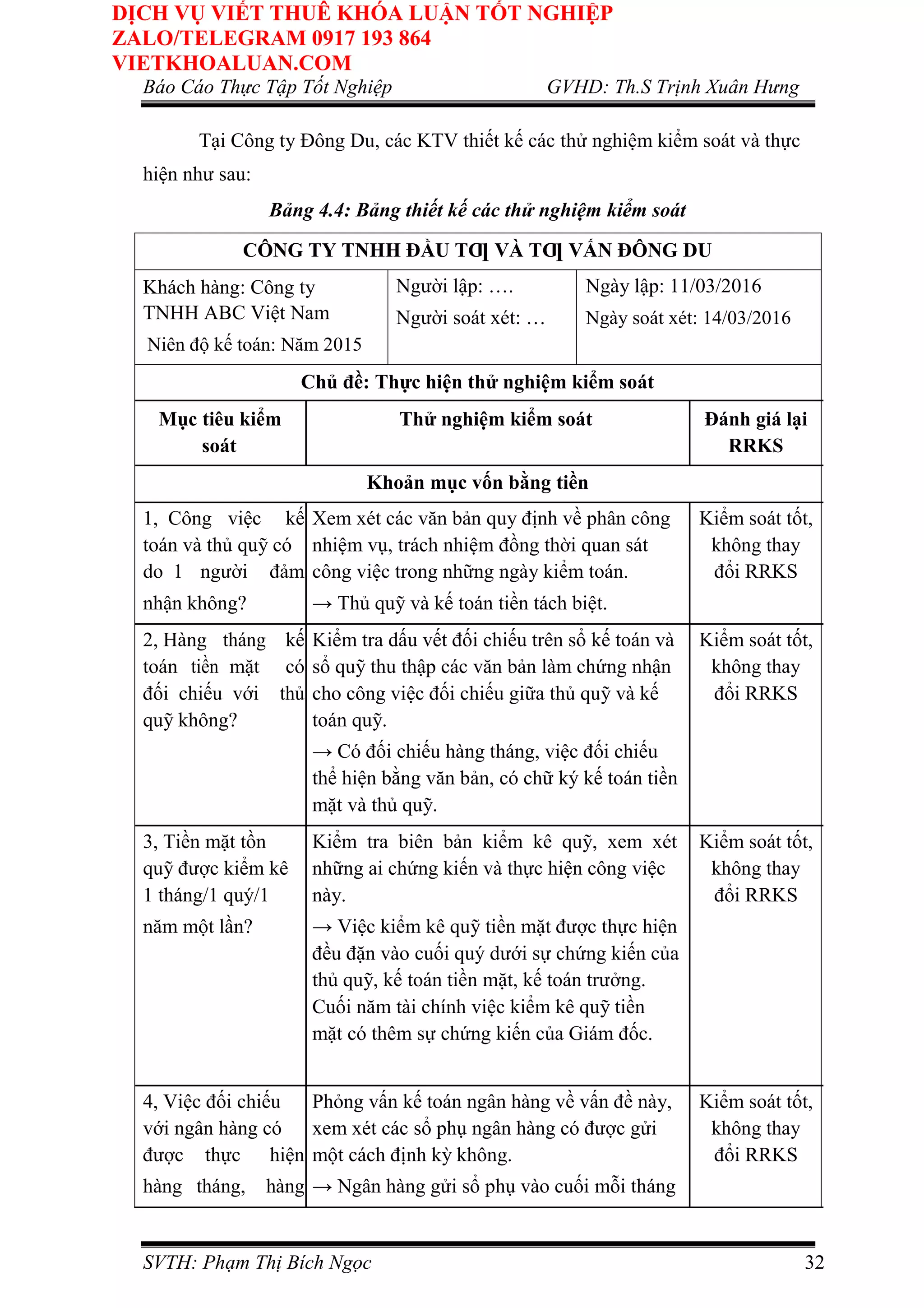 Khóa luận: Quy trình kiểm toán khoản mục vốn bằng tiền, HAY | DOC