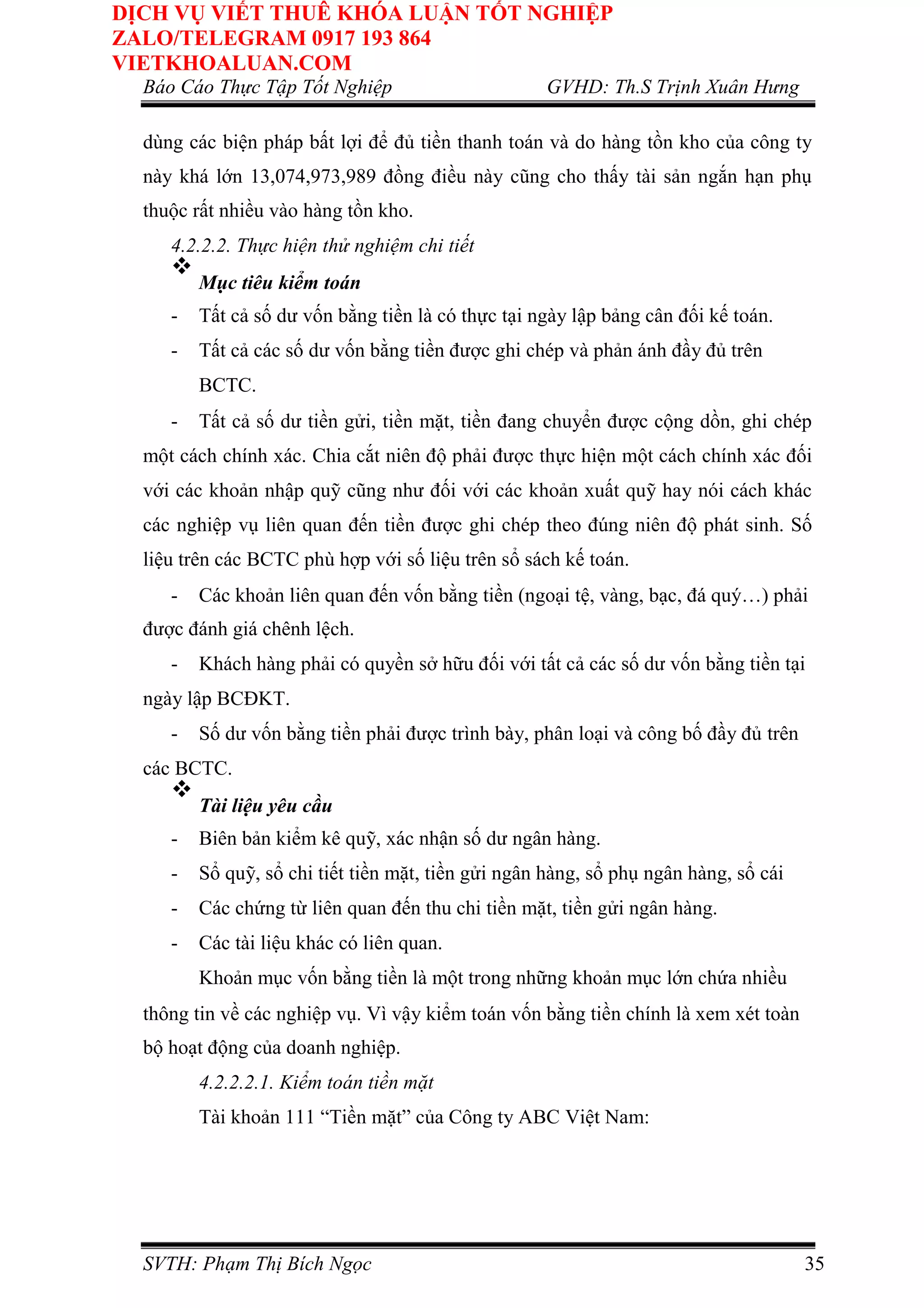 Khóa luận: Quy trình kiểm toán khoản mục vốn bằng tiền, HAY | DOC