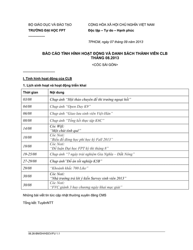 Câu lạc bộ Truyền thông Cóc Sài Gòn , Đại học FPT báo cáo hoạt động ...