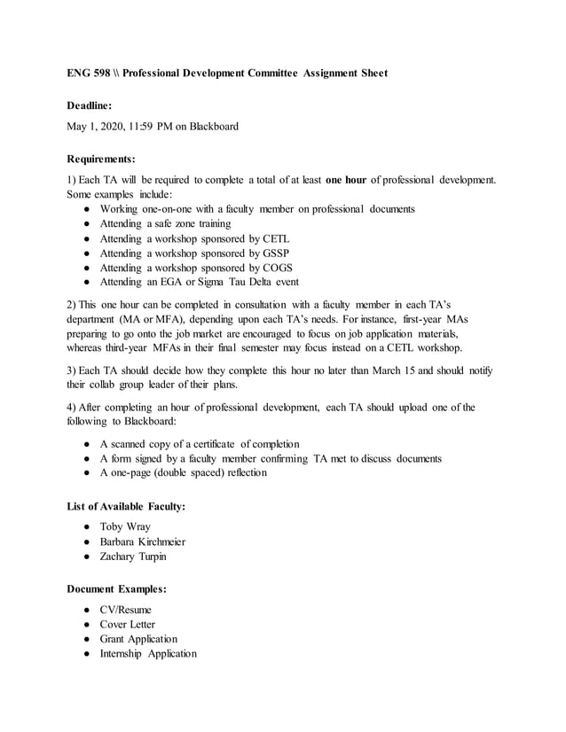 Professional development committee assignment sheet s20