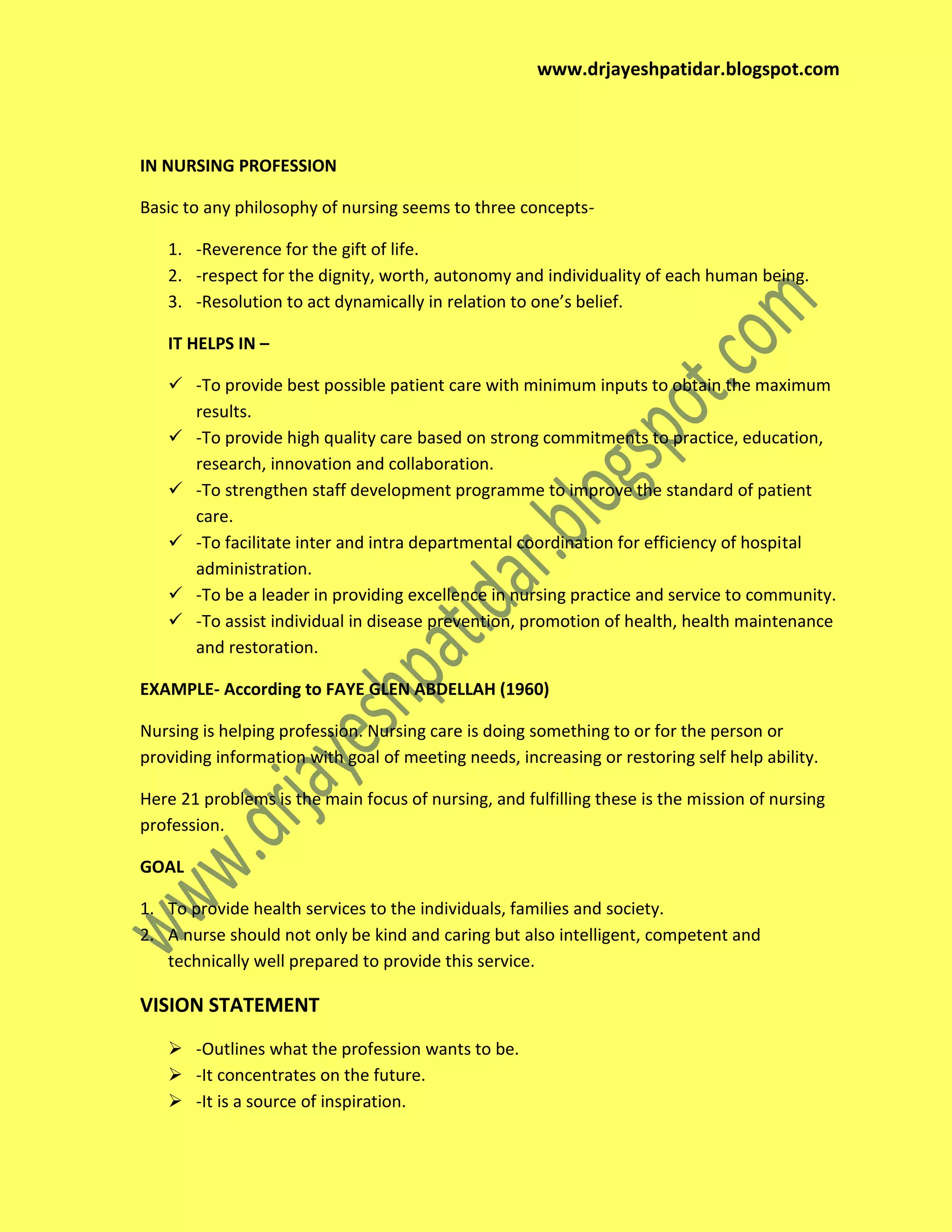 Aims and objectives of nursing management, vision and mission statement ...