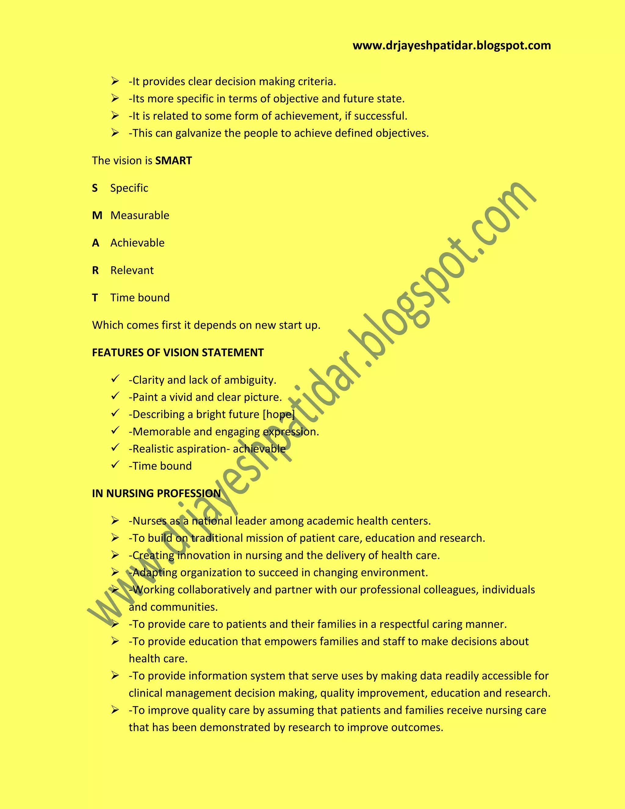 Aims and objectives of nursing management, vision and mission statement ...