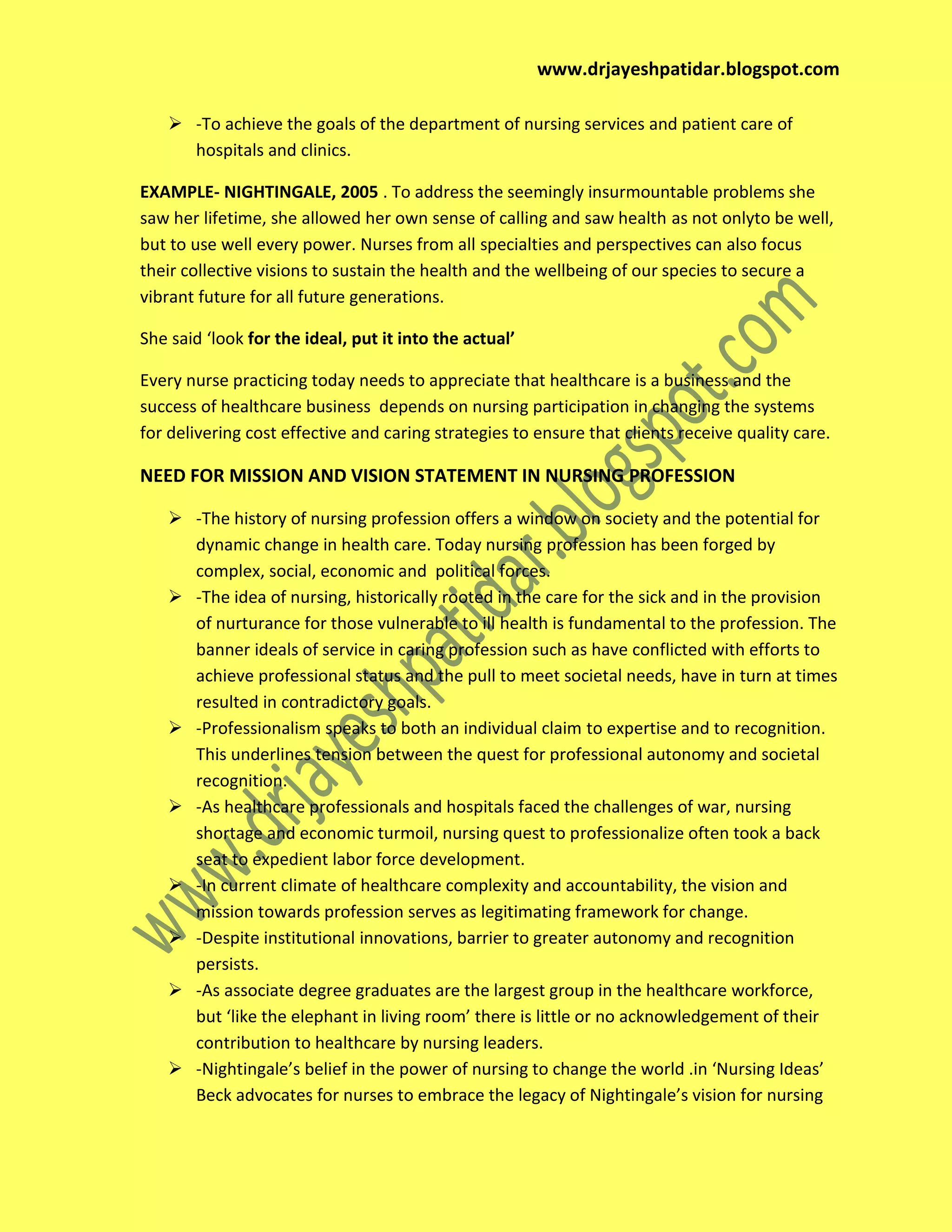 Aims and objectives of nursing management, vision and mission statement ...