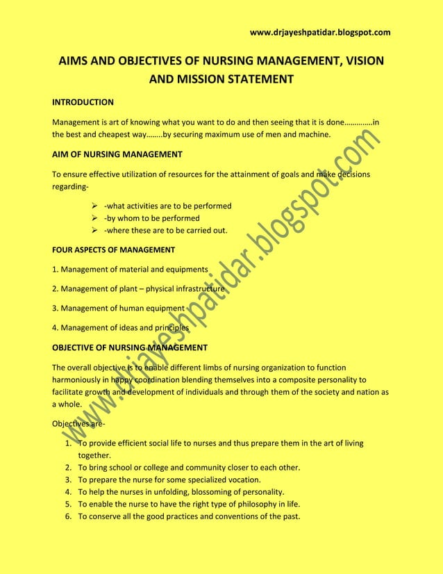 Aims and objectives of nursing management, vision and mission statement ...