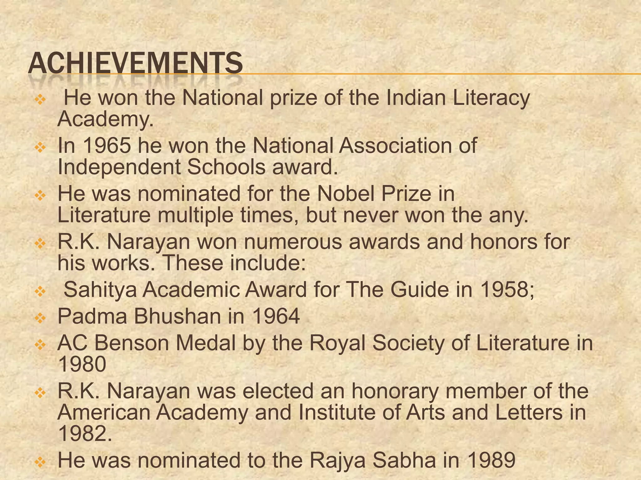 R.K.Narayan's life span journey as a writer | PPTX