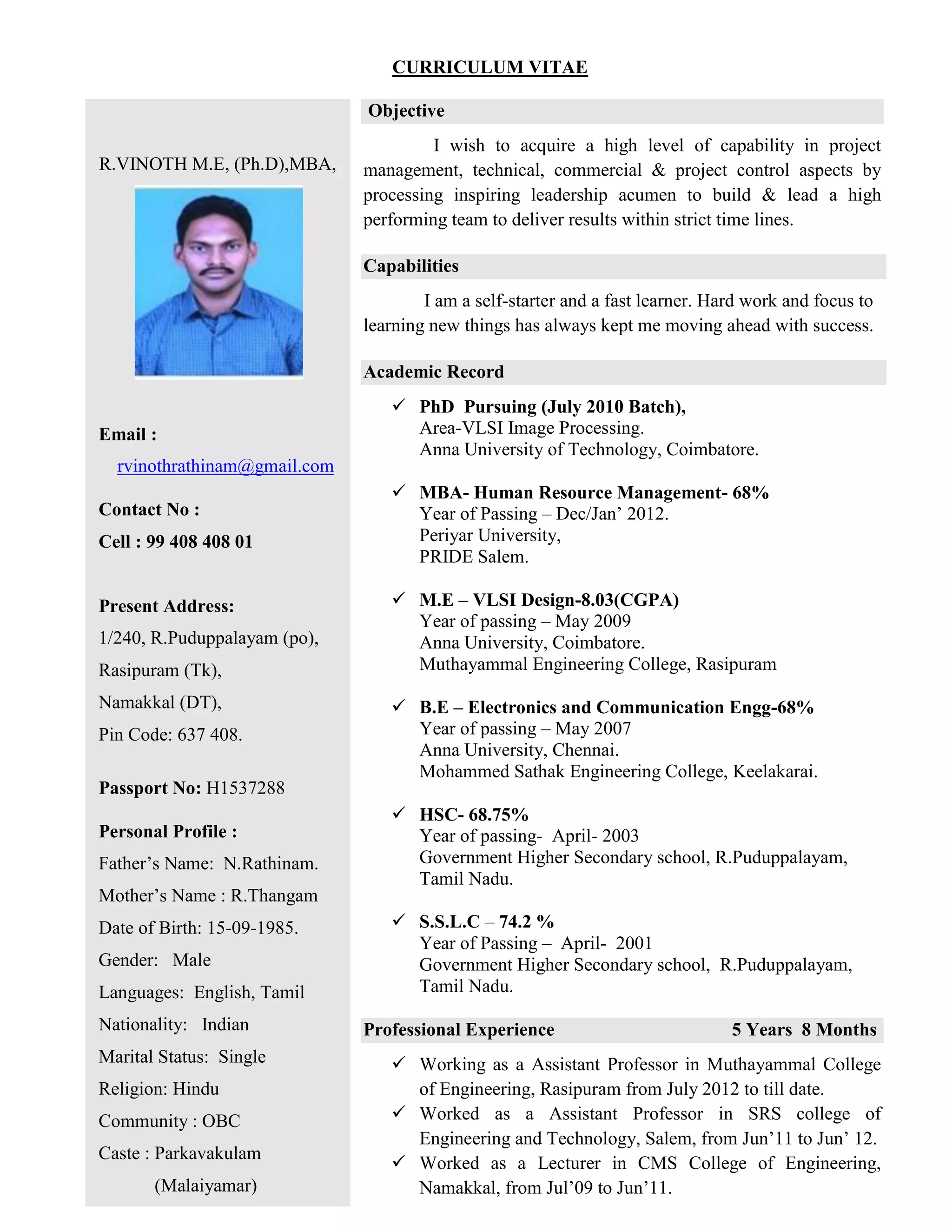 R.vinoth curriculum vitae | PDF
