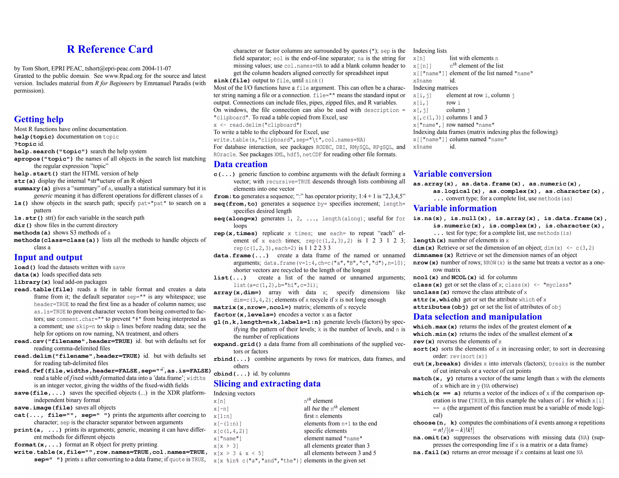 R short-refcard | PDF | Computing | Technology & Computing