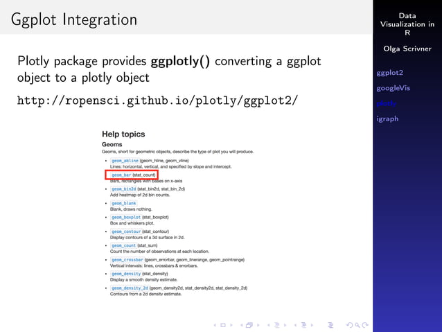 R visualization: ggplot2, googlevis, plotly, igraph Overview | PDF