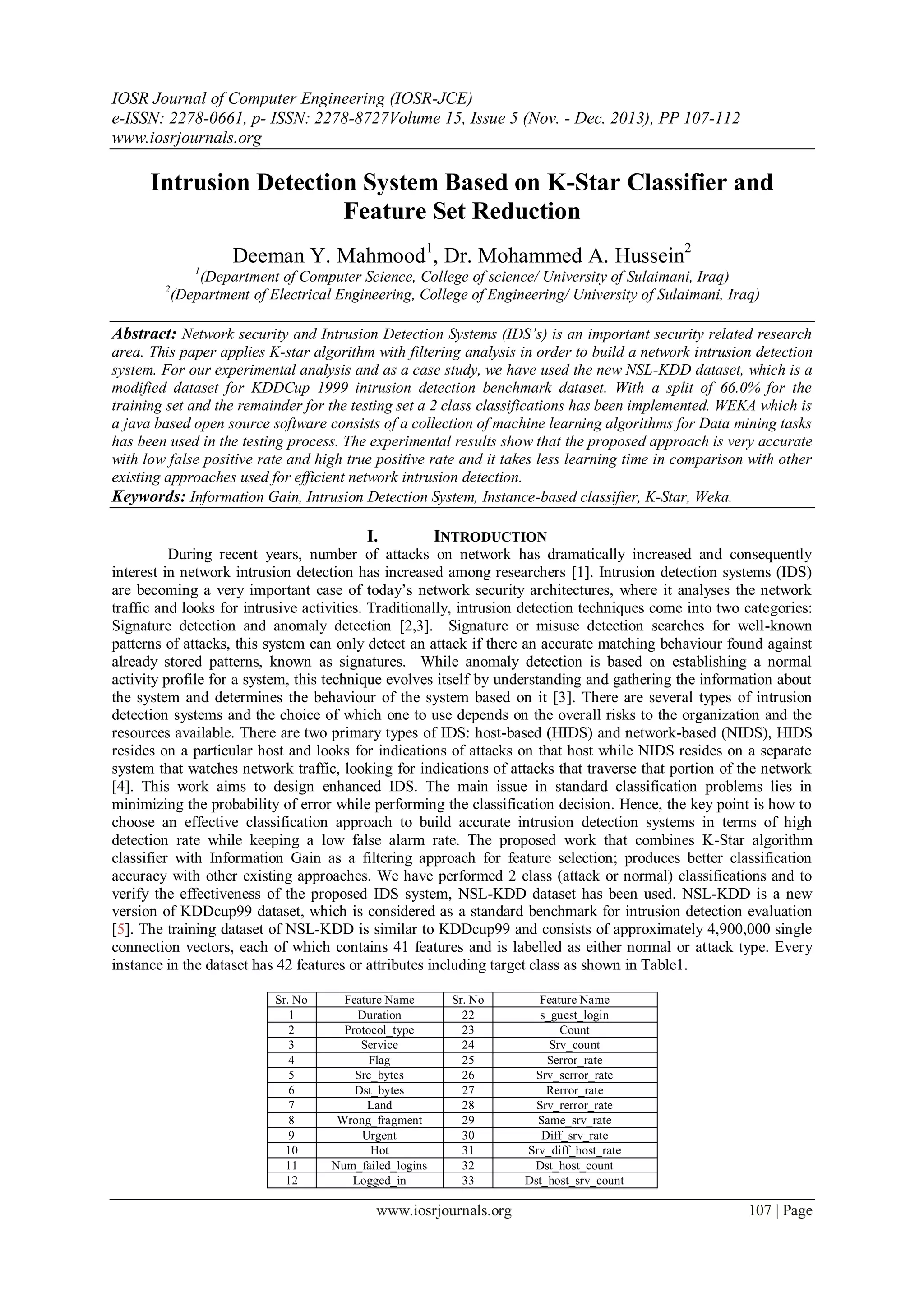 Intrusion Detection System Based on K-Star Classifier and Feature Set Reduction | PDF
