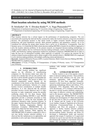 Plant location selection by using MCDM methods | PDF