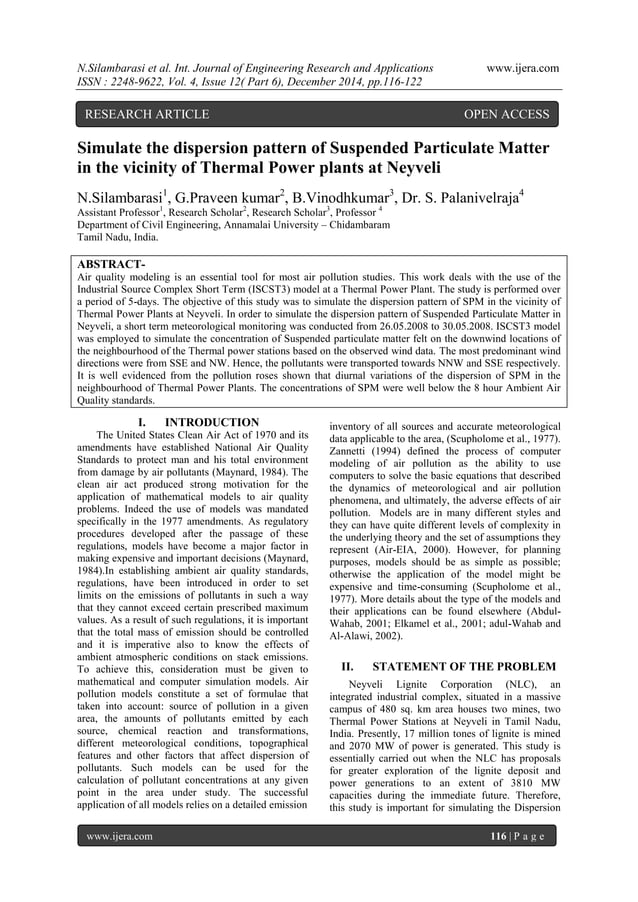 Simulate the dispersion pattern of Suspended Particulate Matter in the vicinity of Thermal Power ...