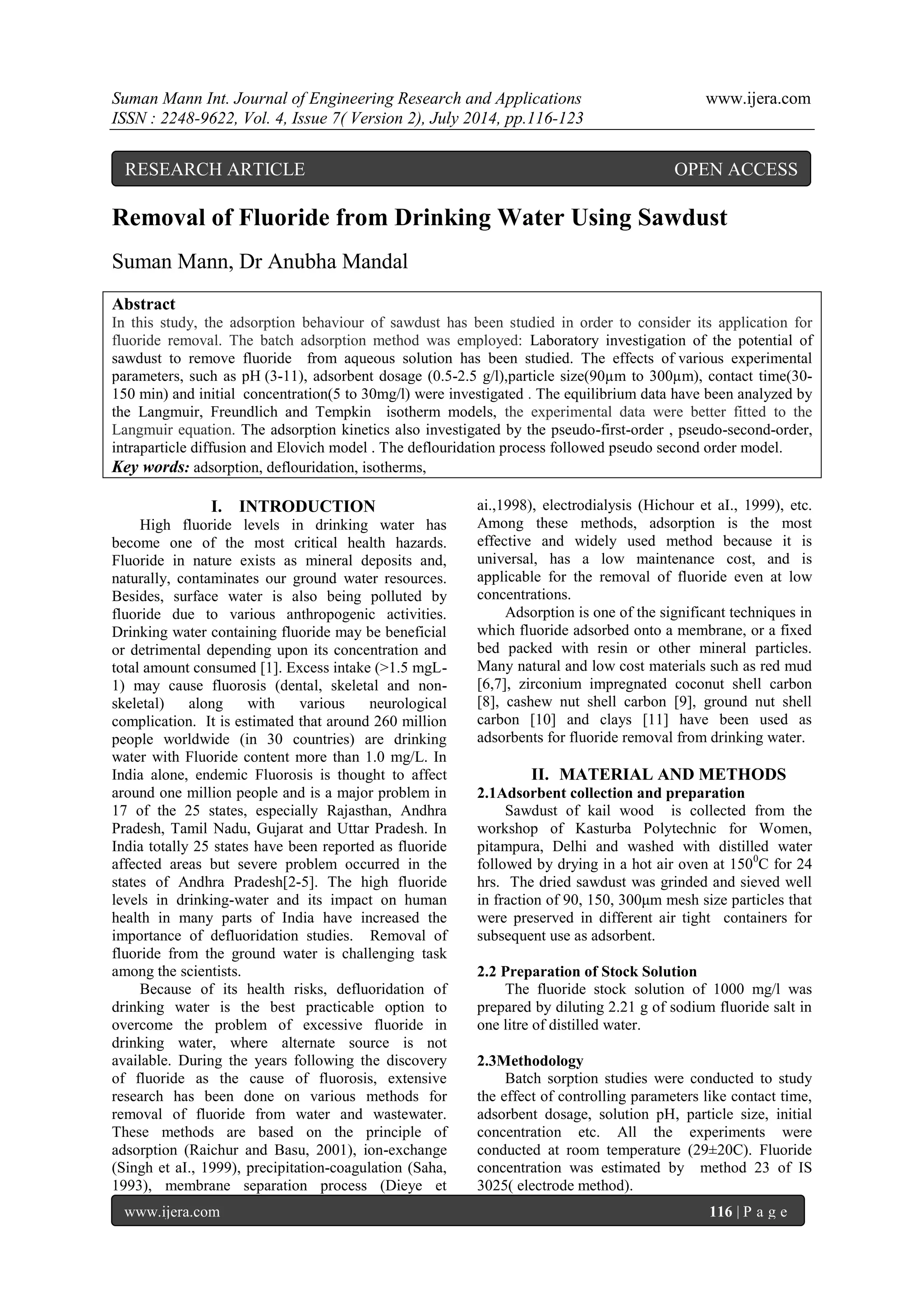 Removal of Fluoride from Drinking Water Using Sawdust | PDF