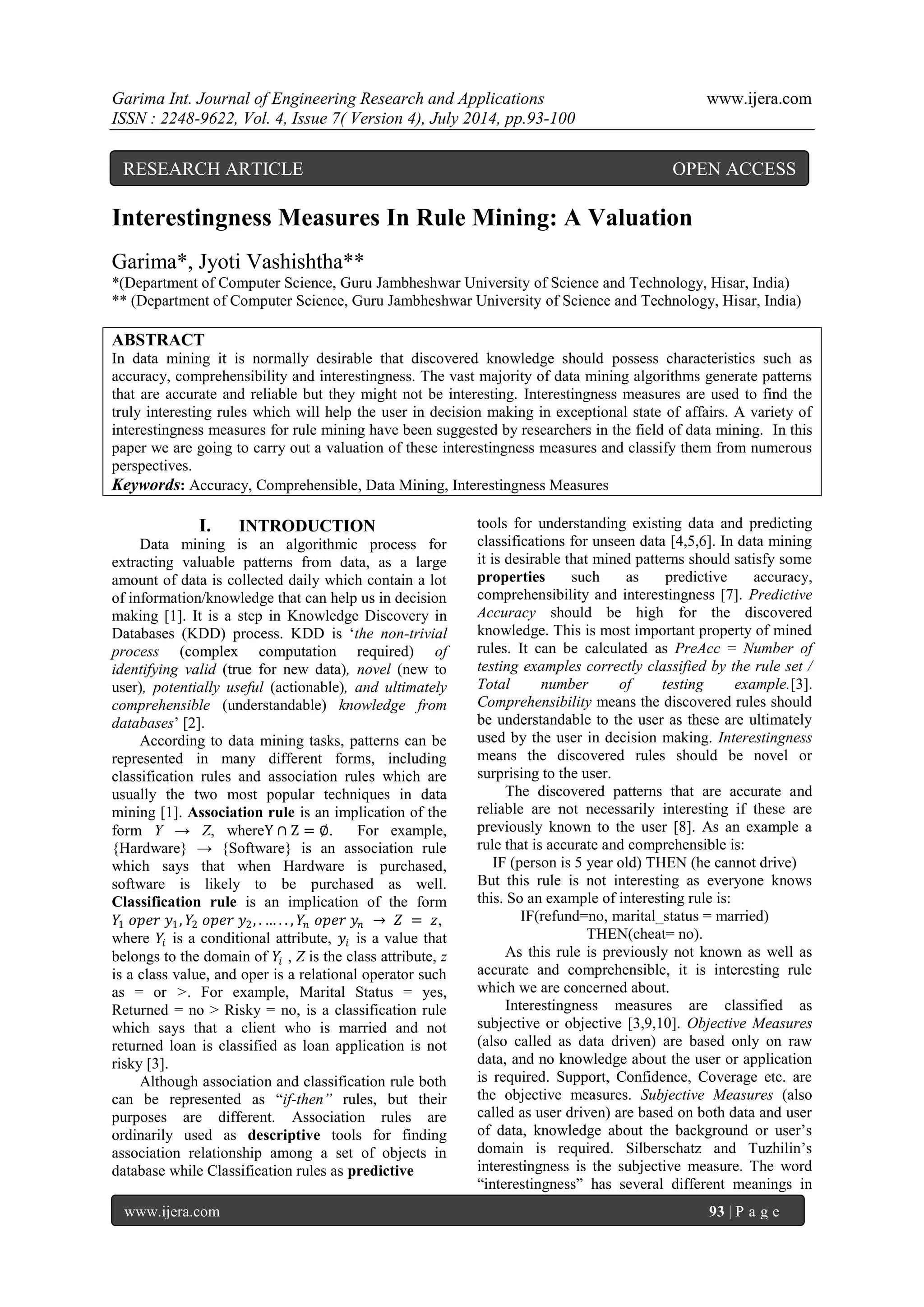 Interestingness Measures In Rule Mining: A Valuation | PDF