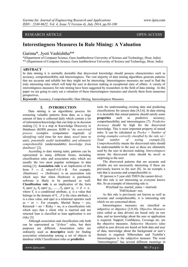 Interestingness Measures In Rule Mining: A Valuation | PDF