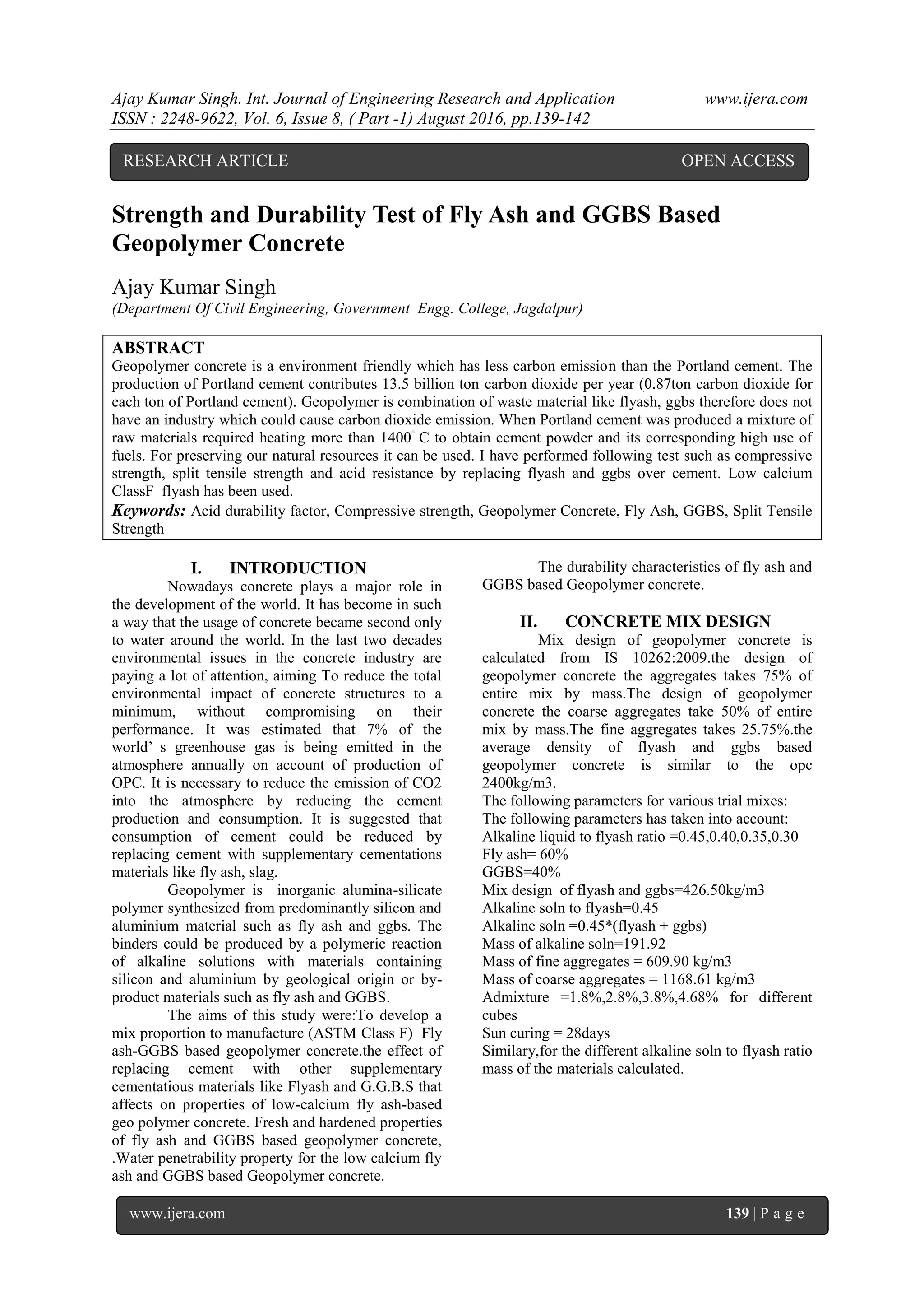 Strength and Durability Test of Fly Ash and GGBS Based Geopolymer ...
