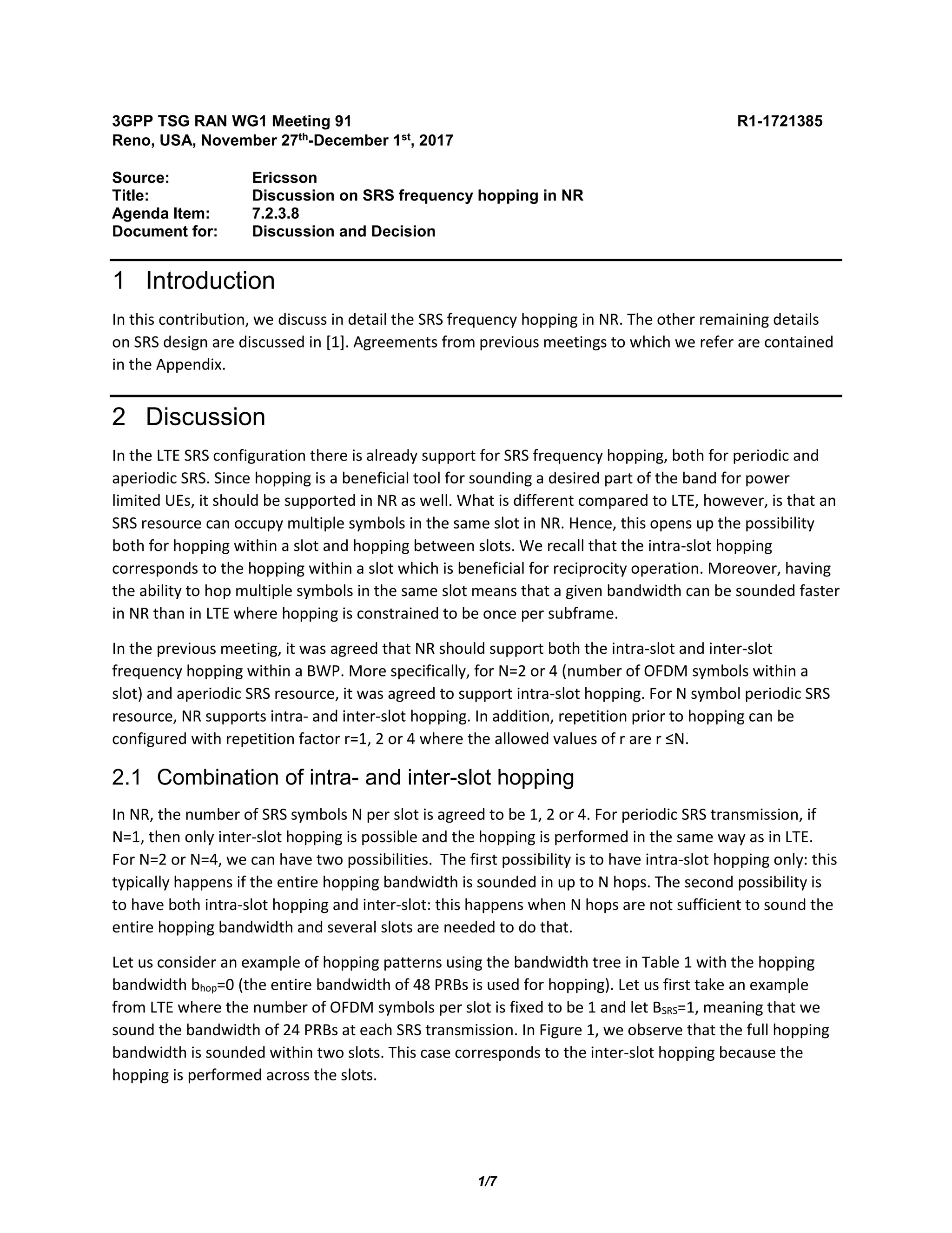 R1-1721385 Discussion on SRS frequency hopping in NR EMERSON EDUARDO RODRIGUES | DOCX