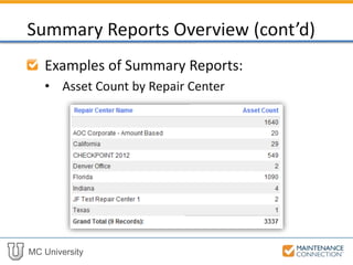 R10 - Advanced Reporting: Report Setup and Summary Reports (MCU) | PPT