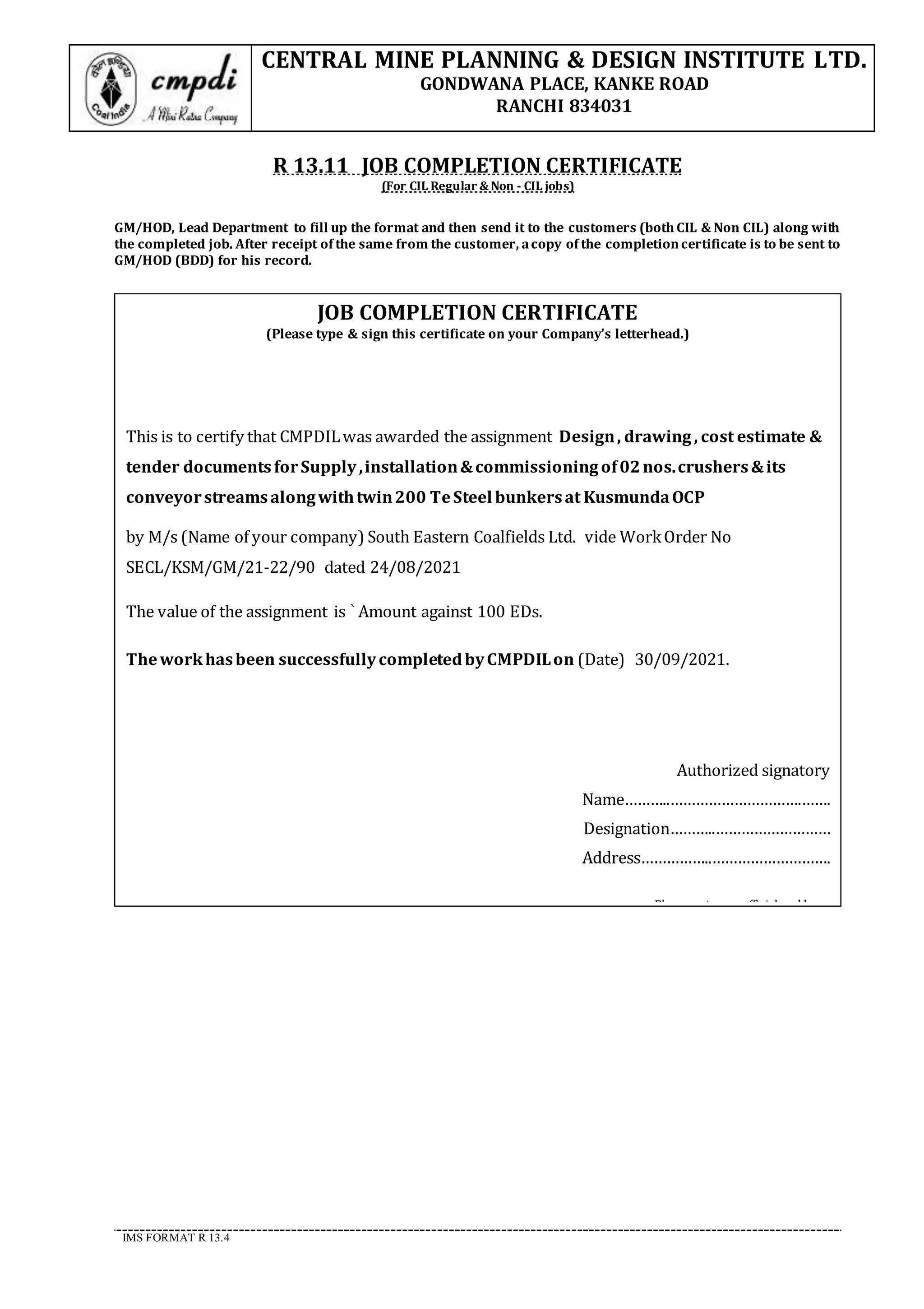 R13.11 jobcompletioncertificatewordformat | DOCX