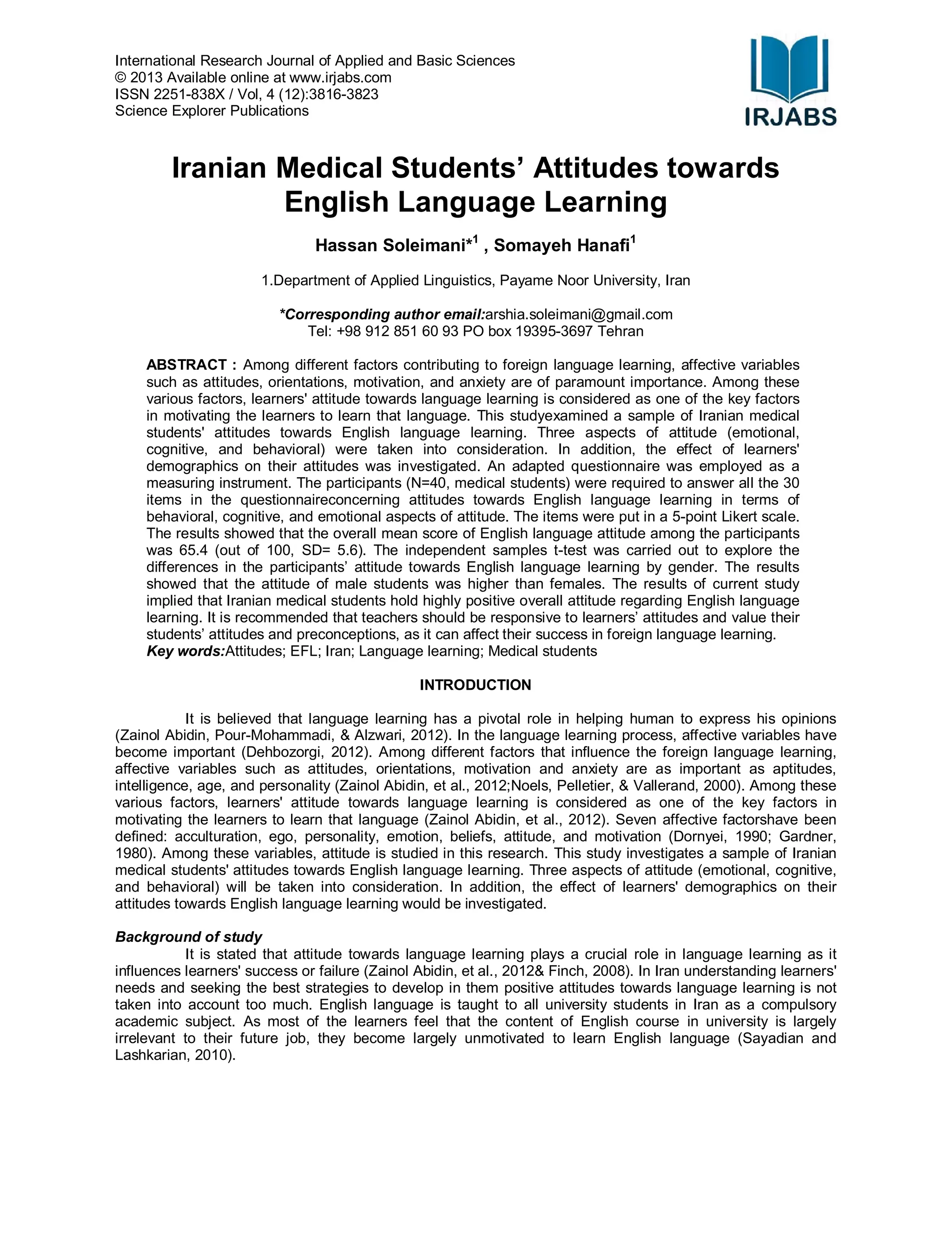 Iranian Medical Students’ Attitudes towards English Language Learning | PDF