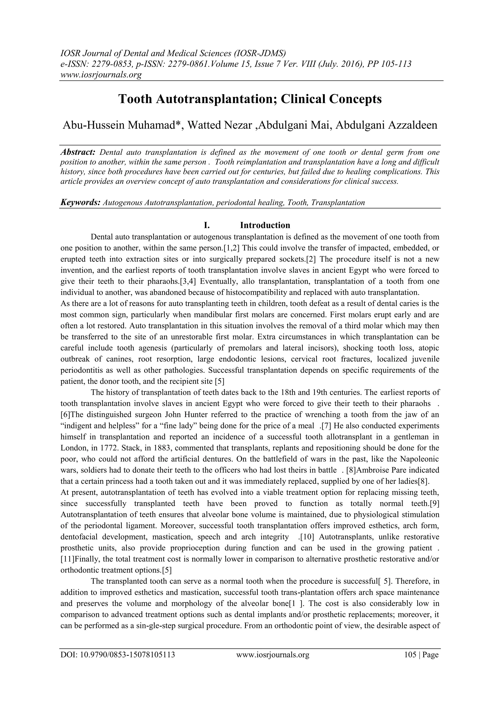 Tooth Autotransplantation; Clinical Concepts | PDF